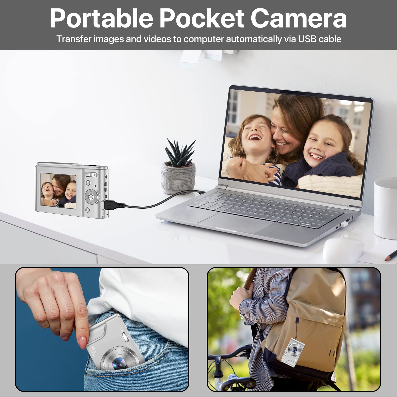 Digital Camera for Kids Girls and Boys - 1080P FHD Digital Camera 36MP LCD Screen Rechargeable Students Compact Camera Kid Camera with 16X Digital Zoom Vlogging Camera for Teens, Kids (Silver)