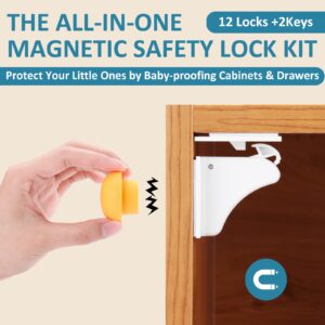 Baby Proofing Magnetic Cabinet Locks - 12 Pack Magnetic Child Locks for Cabinets and Drawers Adhesive Pre Taped Child Proof Cupboard Baby Locks Latches No Tools Needed Easy Installation