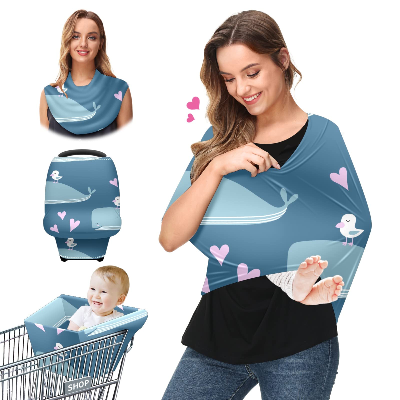 Baby Car Seat Stroller Covers Cute Whale Birds Nursing Cover Breastfeeding Scarf Soft Breathable Stretchy Infant Car Canopy Coverage Carseat Cover for Boys and Girls Multi Use