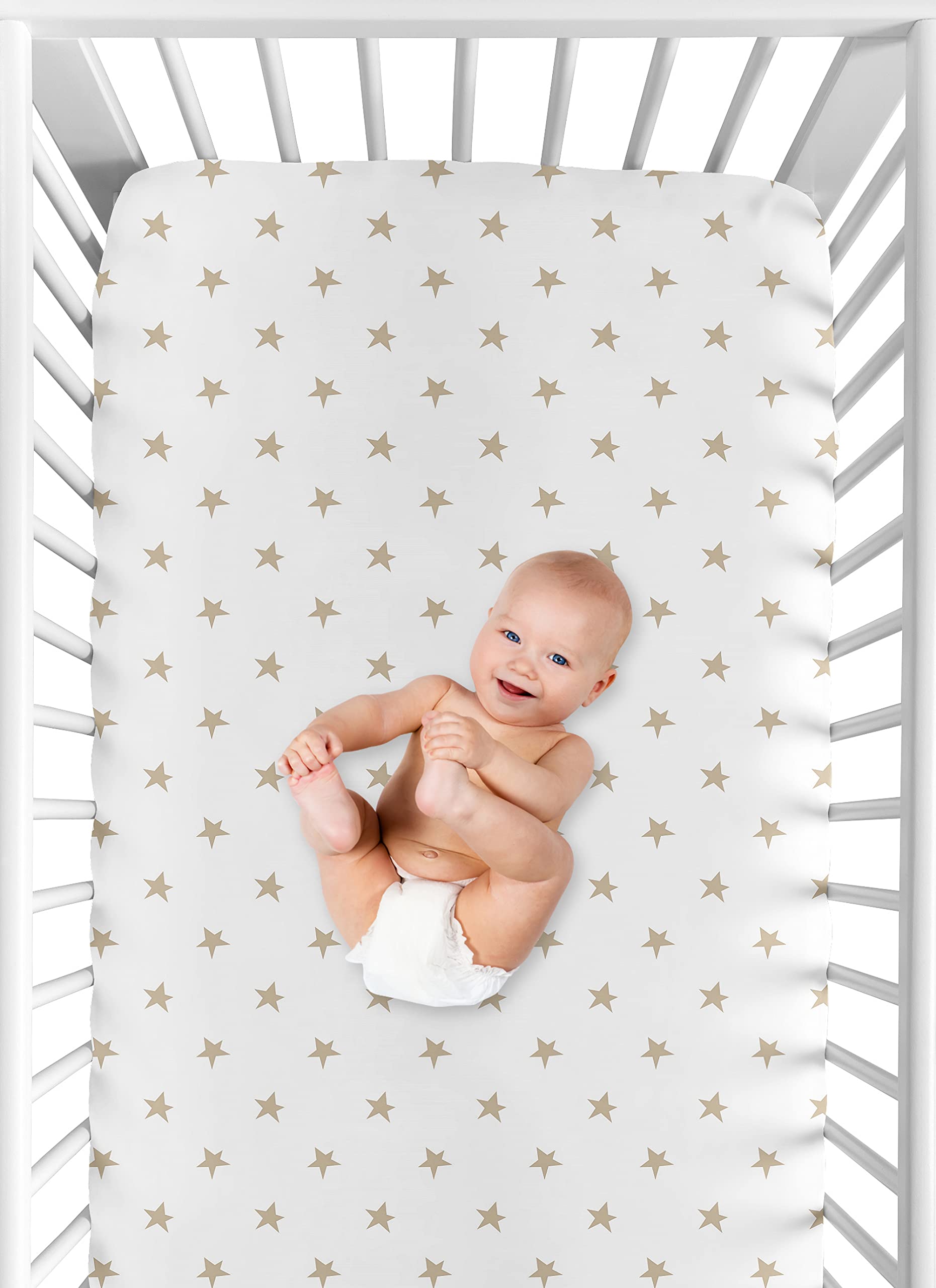 Sweet Jojo Designs Stars Boy or Girl Fitted Crib Sheet Baby or Toddler Bed Nursery - White and Gold Star for Celestial Sky Gender Neutral Unisex Collection