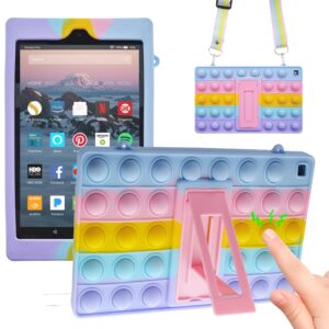 izi way pop it tablet case for amazon fire hd 10 10.1" kids (9th & 7th generation, 2019/2017 release), fidget toy popit poppet push bubble wrap cute silicone cover stand lanyard - rainbow