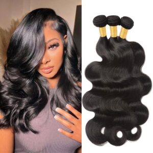 body wave bundles with closure human hair weave 3 bundles human hair with 4x4 free part lace closure human hair 100% unprocessed brazilian bundles human hair extensions natural black