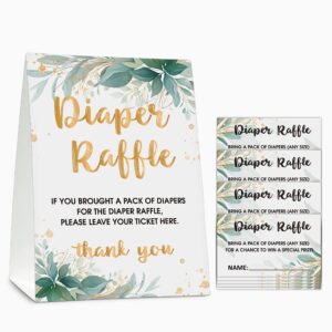 diaper raffle baby shower game set(1 standing sign + 50 guessing cards), greenery diaper raffle tickets for baby shower, gold foil baby shower party favor decor - a05