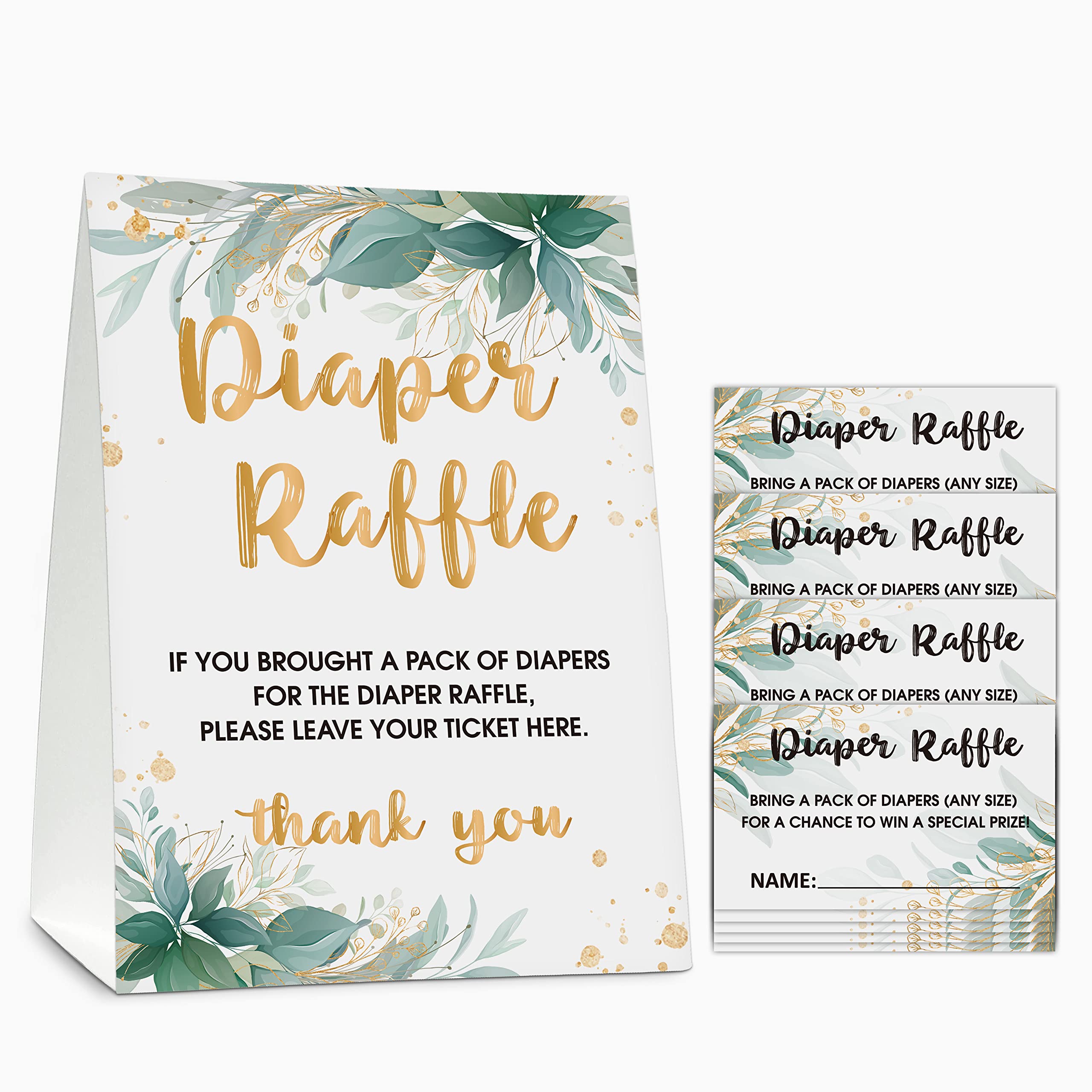 Diaper Raffle Baby Shower Game Set(1 Standing Sign + 50 Guessing Cards), Greenery Diaper Raffle Tickets for Baby Shower, Gold Foil Baby Shower Party Favor Decor - A05