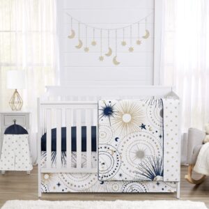 sweet jojo designs star and moon baby boy or girl nursery crib bedding set - 4 pieces - navy blue, gold, and grey celestial sky stars gender neutral unisex