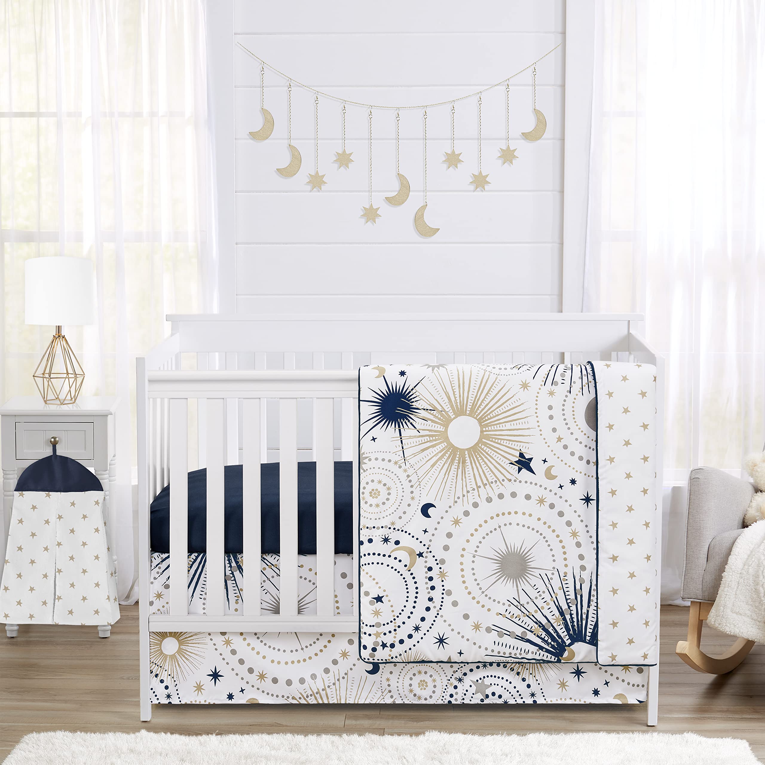 Sweet Jojo Designs Star and Moon Baby Boy or Girl Nursery Crib Bedding Set - 4 pieces - Navy Blue, Gold, and Grey Celestial Sky Stars Gender Neutral Unisex