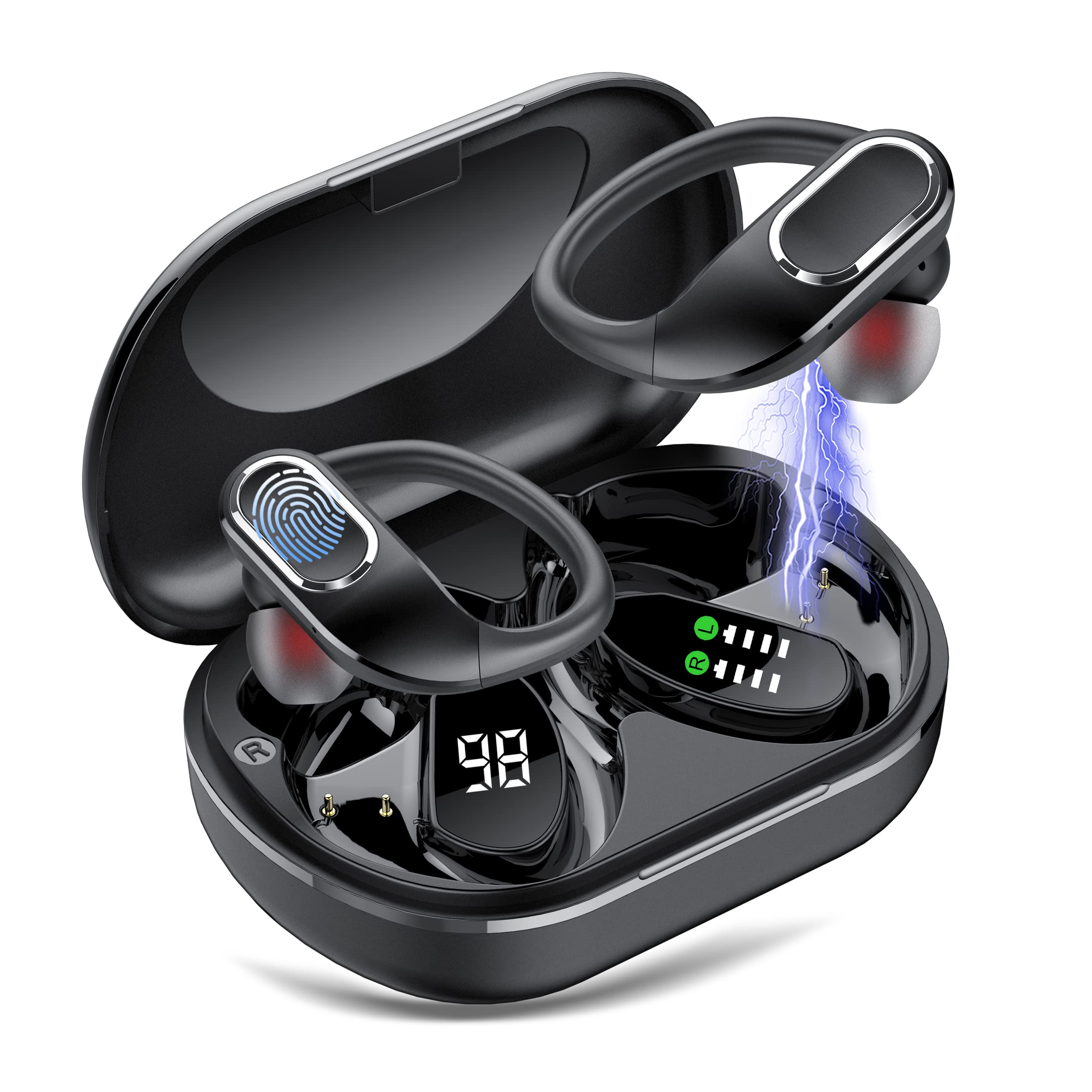 POMUIC Wireless Earbuds, Bluetooth 5.1 Headphones with 4 HD Microphone, 60Hrs Playback Sport Earphones with LED Display, IP7 Waterproof, in Ear Bluetooth Earbuds with Earhooks, Headset for Sport Work