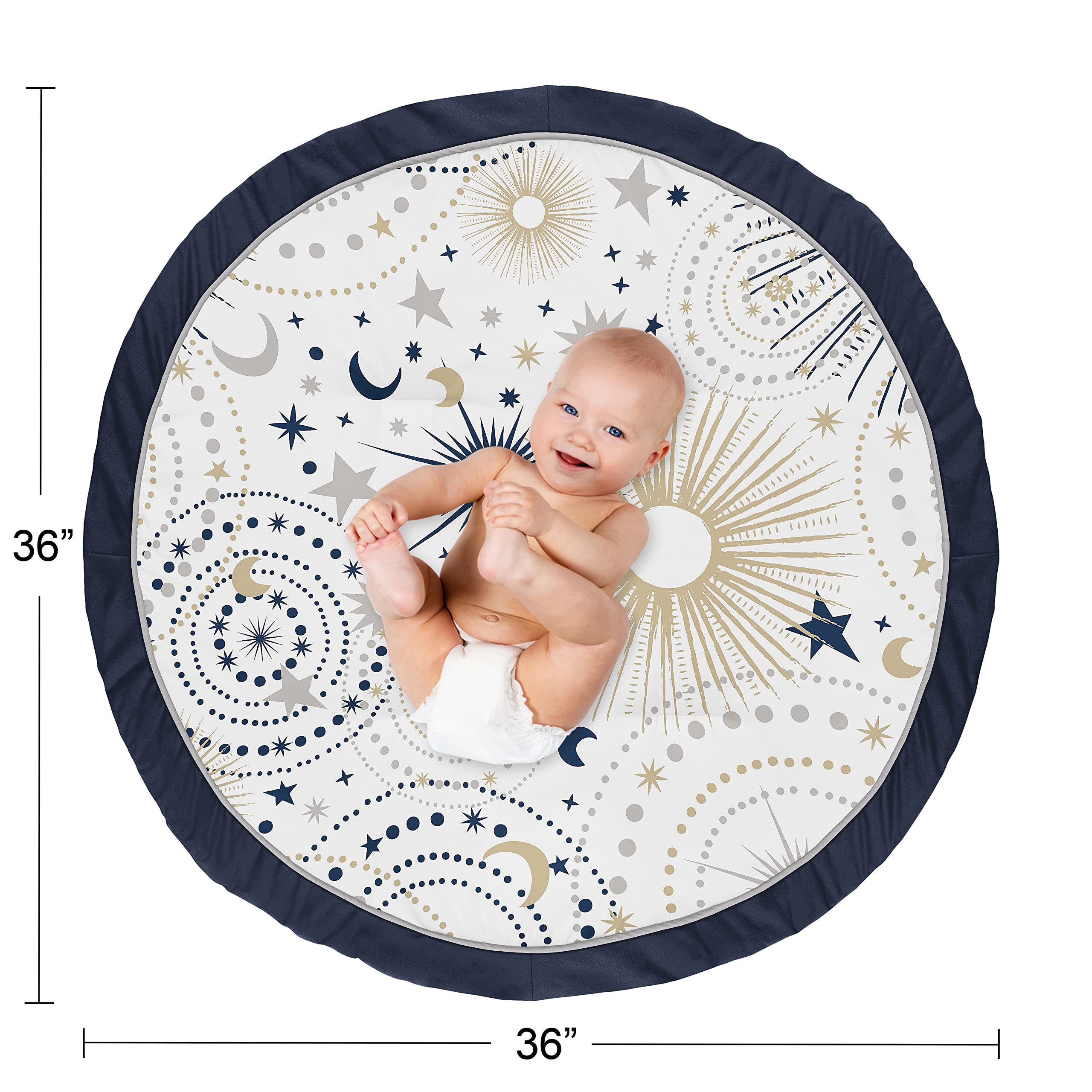 Sweet Jojo Designs Star and Moon Boy or Girl Baby Playmat Tummy Time Infant Play Mat - Navy Blue, Gold, and Grey Celestial Sky Stars Gender Neutral Unisex