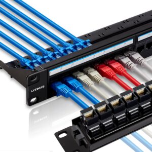 lysymixs 24 port rj45 patch panel cat6 feed through, coupler network patch panel 19 inch, inline keystone ethernet patch panel with back bar