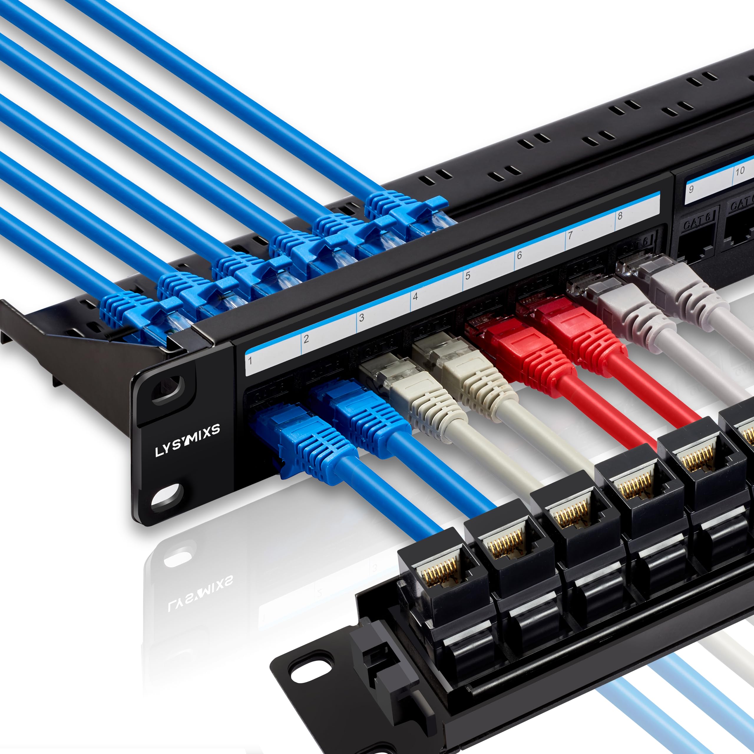 Lysymixs 24 Port RJ45 Patch Panel Cat6 Feed Through, Coupler Network Patch Panel 19 Inch, Inline Keystone Ethernet Patch Panel with Back Bar