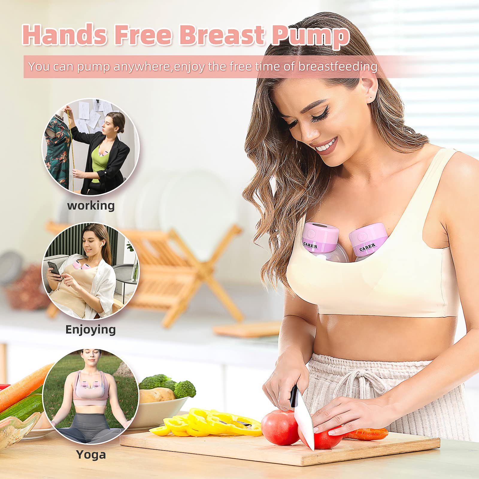 Wearable Breast Pump 2pcs Ultra-Quiet Electric Hands Free Breast Pump Spill-Proof Pain Free Rechargeable Portable Breast Pump with LCD Screen Massage and Memory Mode Wireless Breastpump（27/24/21MM）