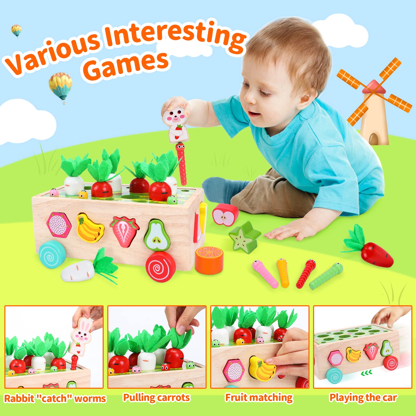 Montessori Toys for 1 2 3 Year Old Boy Girl Carrot Harvest Game Wooden Toy Preschool Educational Learning Toy Shape Sorter Toys Xmas Gifts for 1 2 3 year old Boy Girl Fine Motor Skill Game Toddler Toy