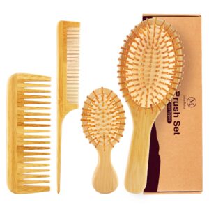 moyretty bamboo hair brush comb set - natural wooden hairbrush paddle detangling for thick thin curly straight wavy dry fine hair, men women and kids, static-free(4 pcs) yellow