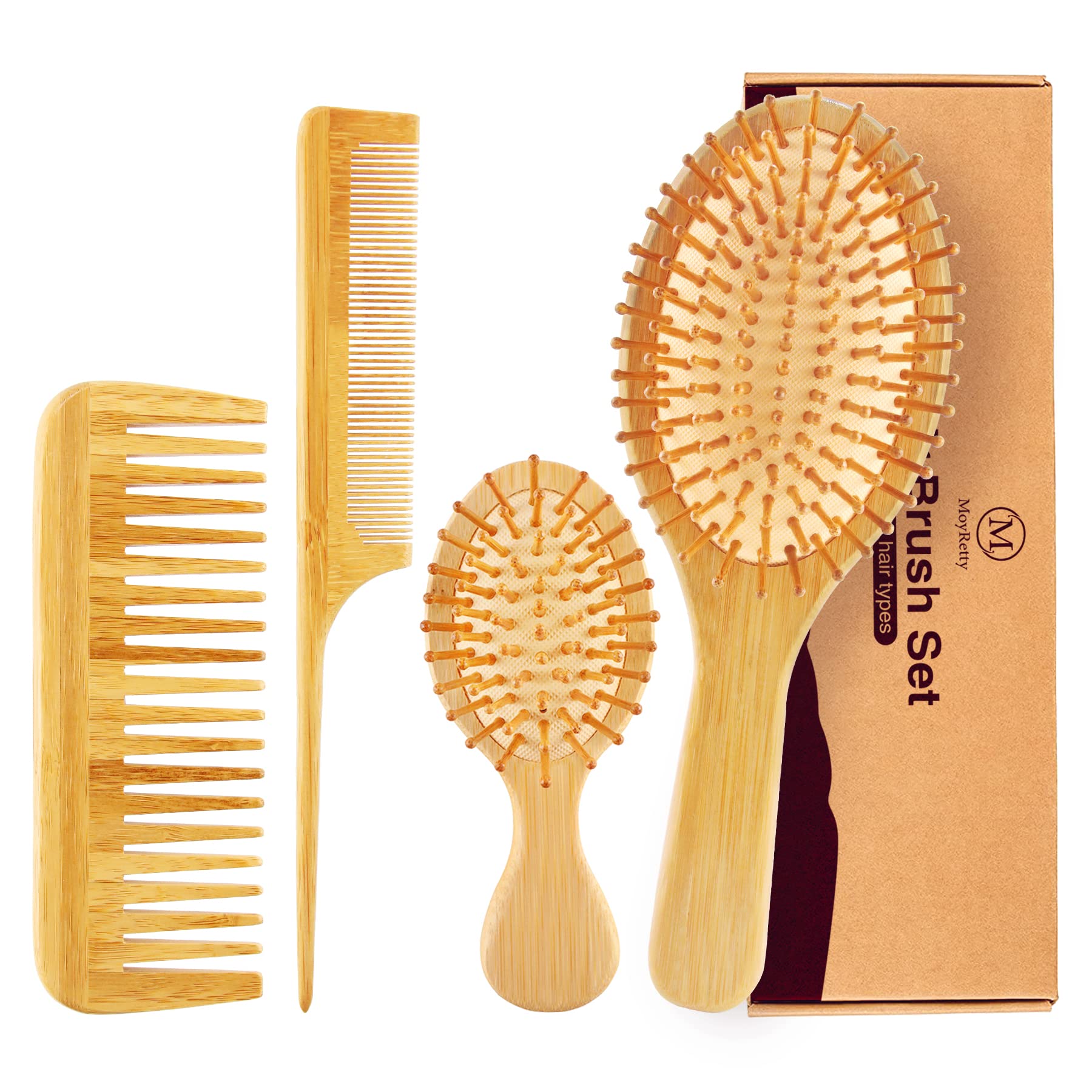 MoyRetty Bamboo Hair Brush Comb Set - Natural Wooden Hairbrush Paddle Detangling for Thick Thin Curly Straight Wavy Dry Fine Hair, Men Women and Kids, Static-Free(4 Pcs) Yellow