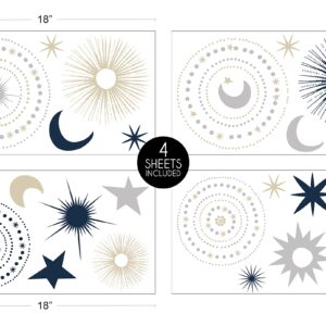 Sweet Jojo Designs Star and Moon Large Peel and Stick Wall Decal Stickers Art Nursery Decor - Set of 4 Sheets - Navy Blue, Gold, and Grey Celestial Sky Stars Gender Neutral Unisex