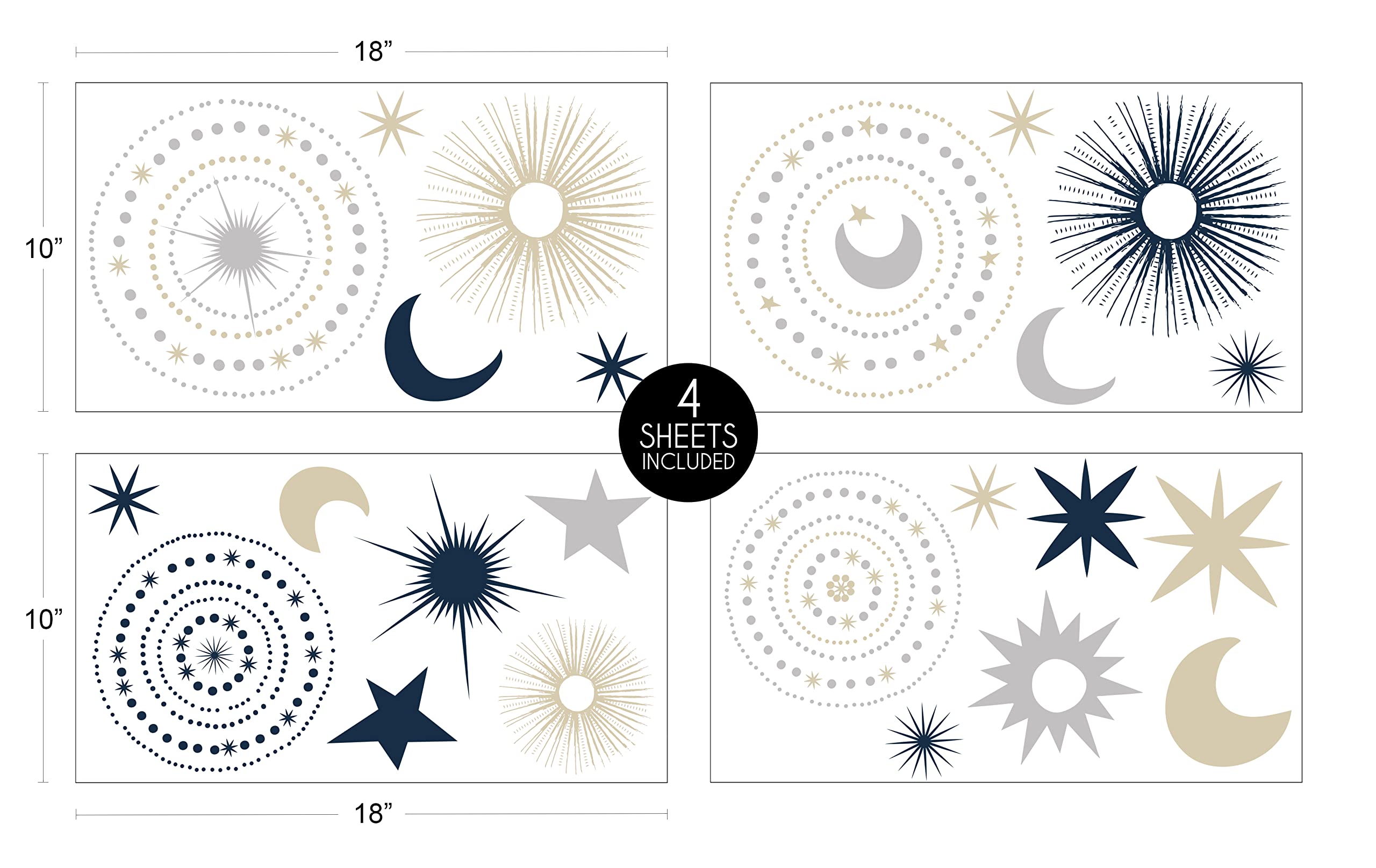 Sweet Jojo Designs Star and Moon Large Peel and Stick Wall Decal Stickers Art Nursery Decor - Set of 4 Sheets - Navy Blue, Gold, and Grey Celestial Sky Stars Gender Neutral Unisex