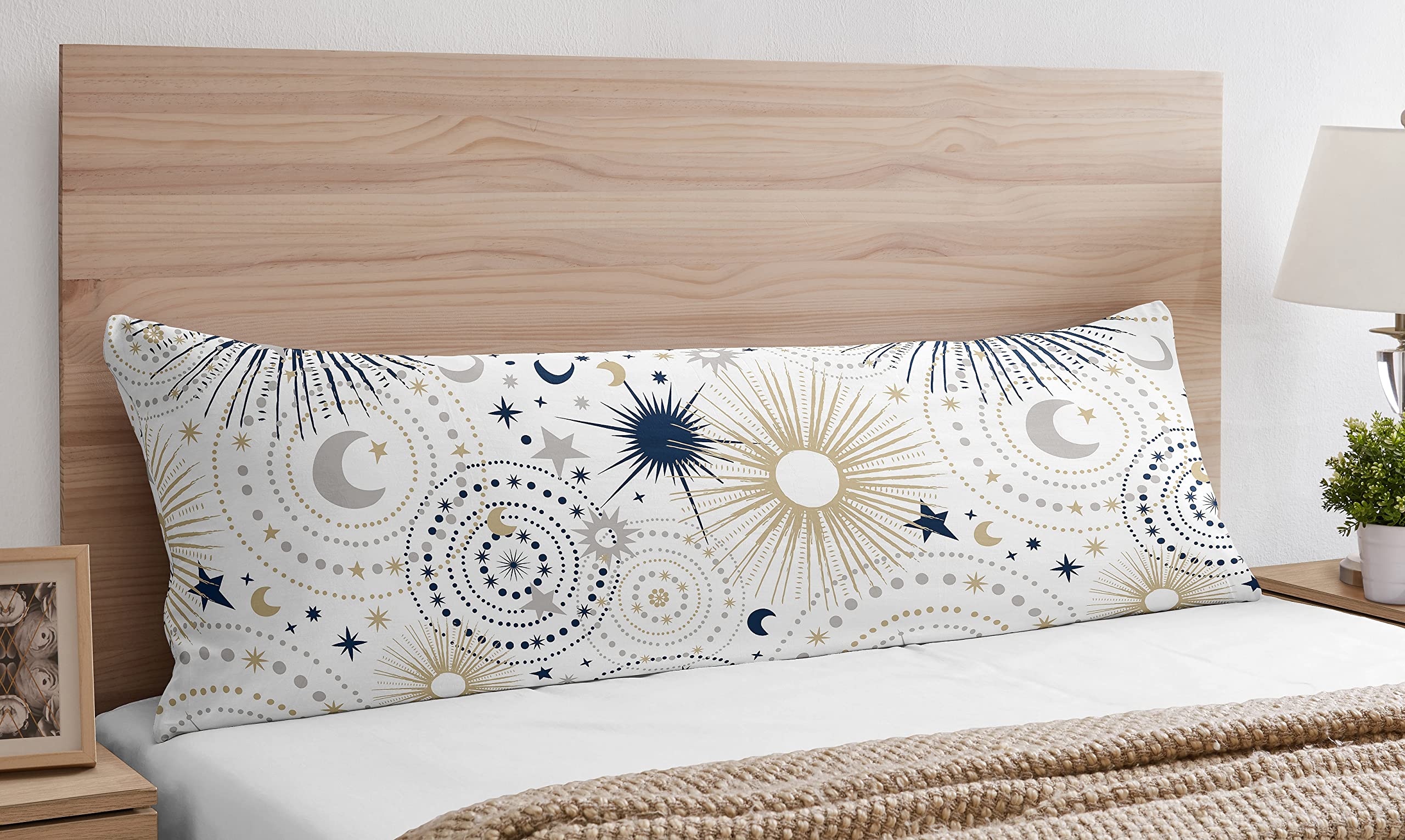 Sweet Jojo Designs Star and Moon Body Pillow Case Cover (Pillow Not Included) - Navy Blue, Gold, and Grey Celestial Sky Stars Gender Neutral Unisex