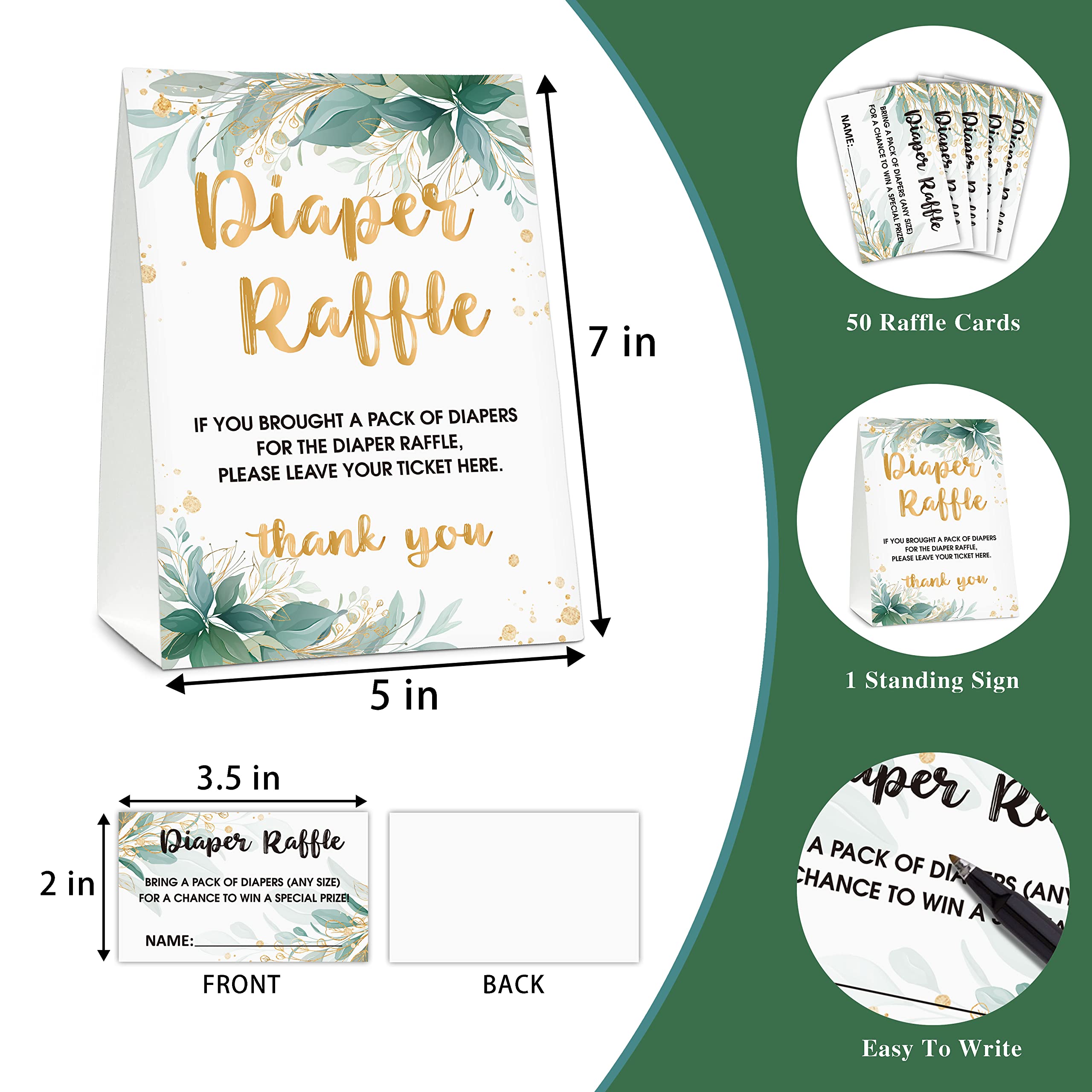 Diaper Raffle Baby Shower Game Set(1 Standing Sign + 50 Guessing Cards), Greenery Diaper Raffle Tickets for Baby Shower, Gold Foil Baby Shower Party Favor Decor - A05