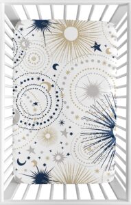 sweet jojo designs star and moon boy or girl fitted mini crib sheet baby nursery for portable crib or pack and play - navy blue, gold, and grey celestial sky stars gender neutral unisex