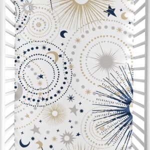 Sweet Jojo Designs Star and Moon Boy or Girl Fitted Mini Crib Sheet Baby Nursery for Portable Crib or Pack and Play - Navy Blue, Gold, and Grey Celestial Sky Stars Gender Neutral Unisex