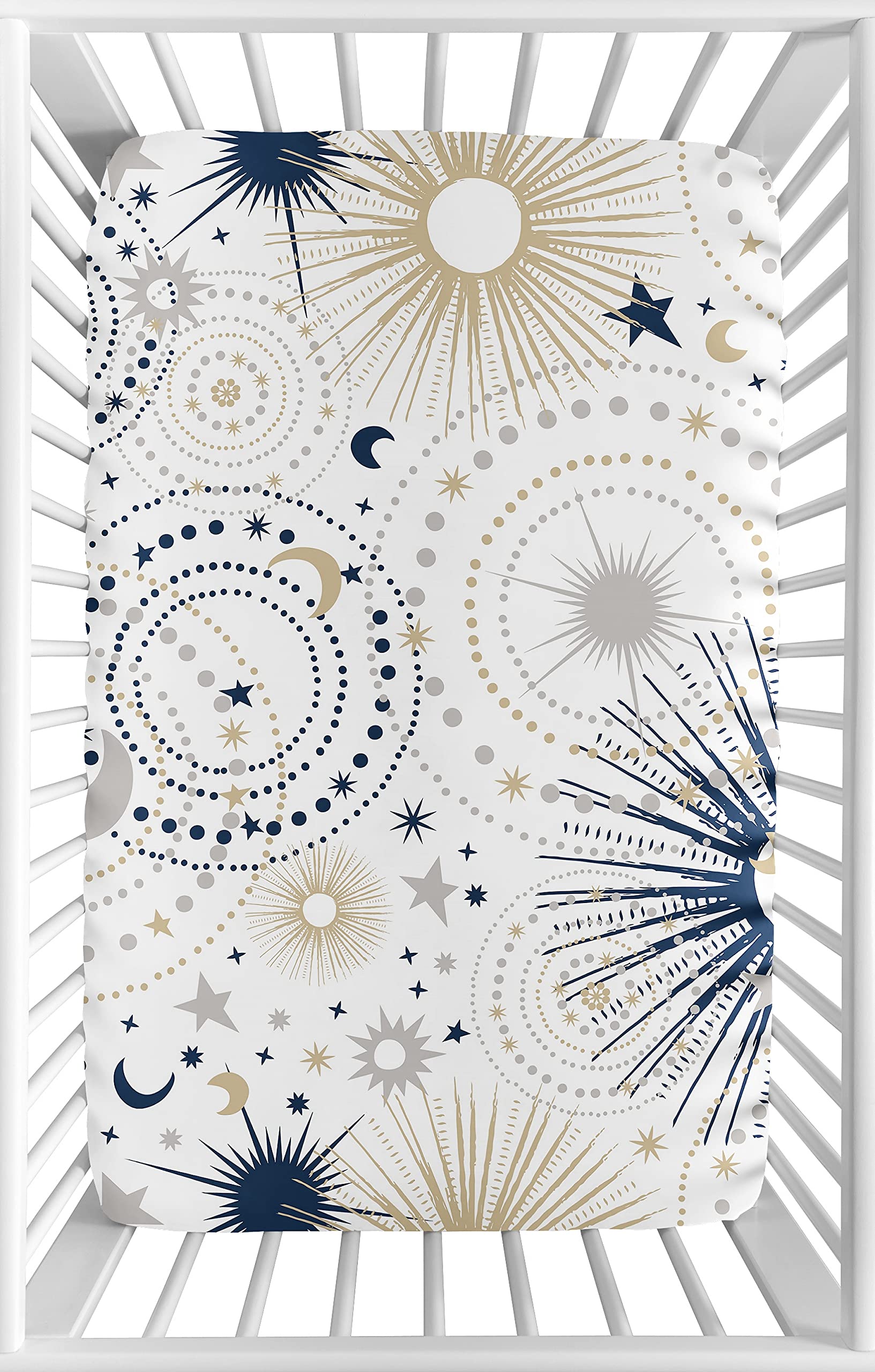 Sweet Jojo Designs Star and Moon Boy or Girl Fitted Mini Crib Sheet Baby Nursery for Portable Crib or Pack and Play - Navy Blue, Gold, and Grey Celestial Sky Stars Gender Neutral Unisex