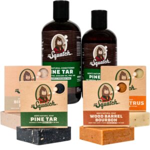 dr. squatch natural bar soap forest expanded pack for men's, wood barrel bourbon, birchwood breeze, cedar citrus, and pine tar hair care shampoo and conditioner