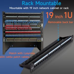 Lysymixs 24 Port RJ45 Patch Panel Cat6 Feed Through, Coupler Network Patch Panel 19 Inch, Inline Keystone Ethernet Patch Panel with Back Bar