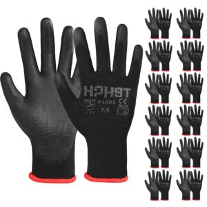 hphst pu coated safety work gloves, 12 pairs work gloves mechanic working seamless knit glove for men women with polyurethane coated smooth excellent grip on palm&fingers - black (large)