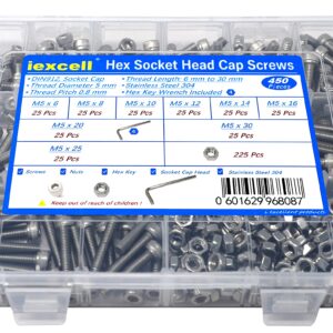 iexcell 450 Pcs M5 x 6/8/10/12/14/16/20/25/30 Stainless Steel 304 Hex Socket Head Cap Screws Bolts Hex Nuts Assortment Kit