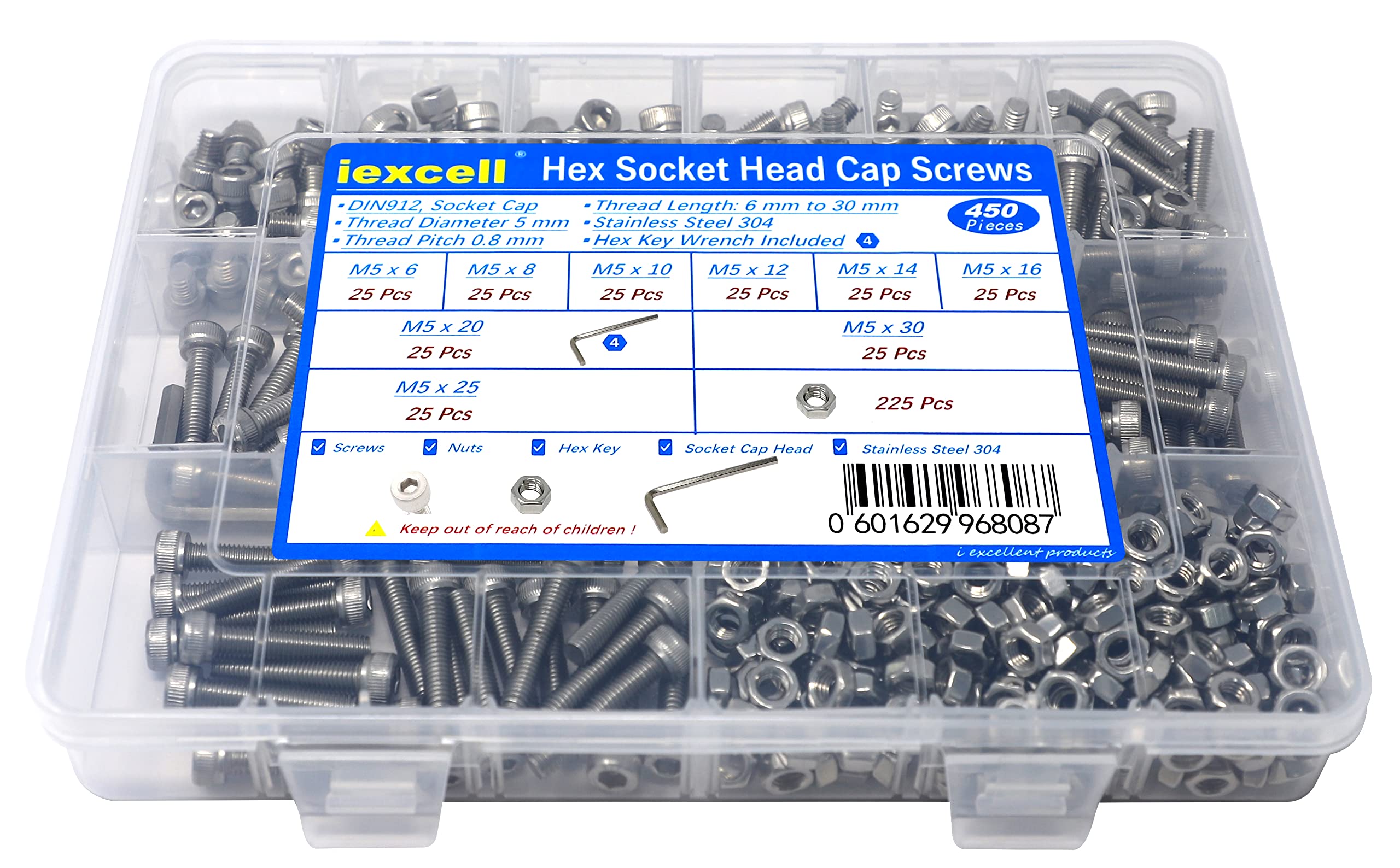 iexcell 450 Pcs M5 x 6/8/10/12/14/16/20/25/30 Stainless Steel 304 Hex Socket Head Cap Screws Bolts Hex Nuts Assortment Kit