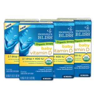 mommy's bliss organic baby vitamin d drops, promotes healthy growth and bone development, supports immunity, age newborn+, 45 servings, pack of 4