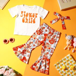 4 Pcs Toddler Baby Girl Short Sleeve T-Shirt Top Floral Flared Bell Bottom Pant Headband Sunglasses Kid Summer Outfit(Small)