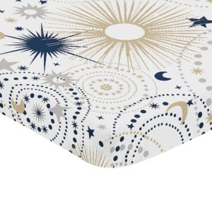 Sweet Jojo Designs Star and Moon Boy or Girl Fitted Mini Crib Sheet Baby Nursery for Portable Crib or Pack and Play - Navy Blue, Gold, and Grey Celestial Sky Stars Gender Neutral Unisex