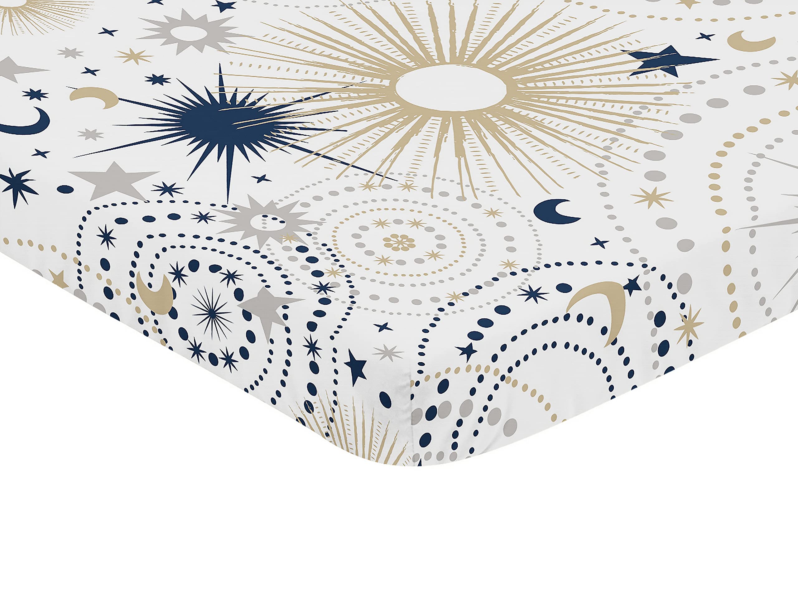 Sweet Jojo Designs Star and Moon Boy or Girl Fitted Mini Crib Sheet Baby Nursery for Portable Crib or Pack and Play - Navy Blue, Gold, and Grey Celestial Sky Stars Gender Neutral Unisex