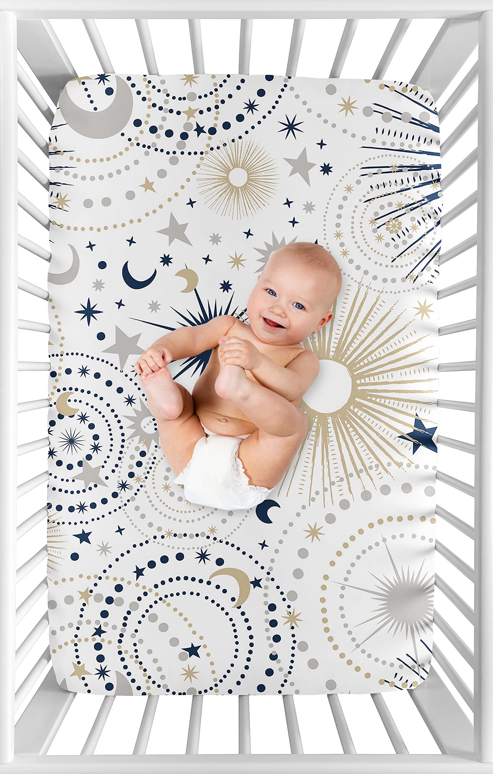 Sweet Jojo Designs Star and Moon Boy or Girl Fitted Mini Crib Sheet Baby Nursery for Portable Crib or Pack and Play - Navy Blue, Gold, and Grey Celestial Sky Stars Gender Neutral Unisex