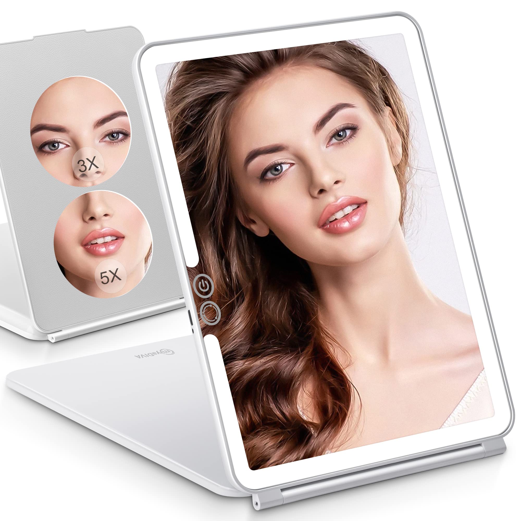 MIYADIVA Illuminated Makeup Mirror, 10 x 7.5 Inches, Foldable Design, 72 LED Light Beads, Adjustable Intensity, Rechargeable Battery, 3x and 5x Magnification, Tabletop Mount