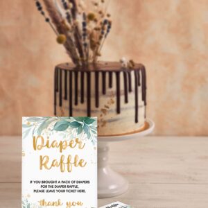 Diaper Raffle Baby Shower Game Set(1 Standing Sign + 50 Guessing Cards), Greenery Diaper Raffle Tickets for Baby Shower, Gold Foil Baby Shower Party Favor Decor - A05