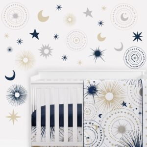 sweet jojo designs star and moon large peel and stick wall decal stickers art nursery decor - set of 4 sheets - navy blue, gold, and grey celestial sky stars gender neutral unisex