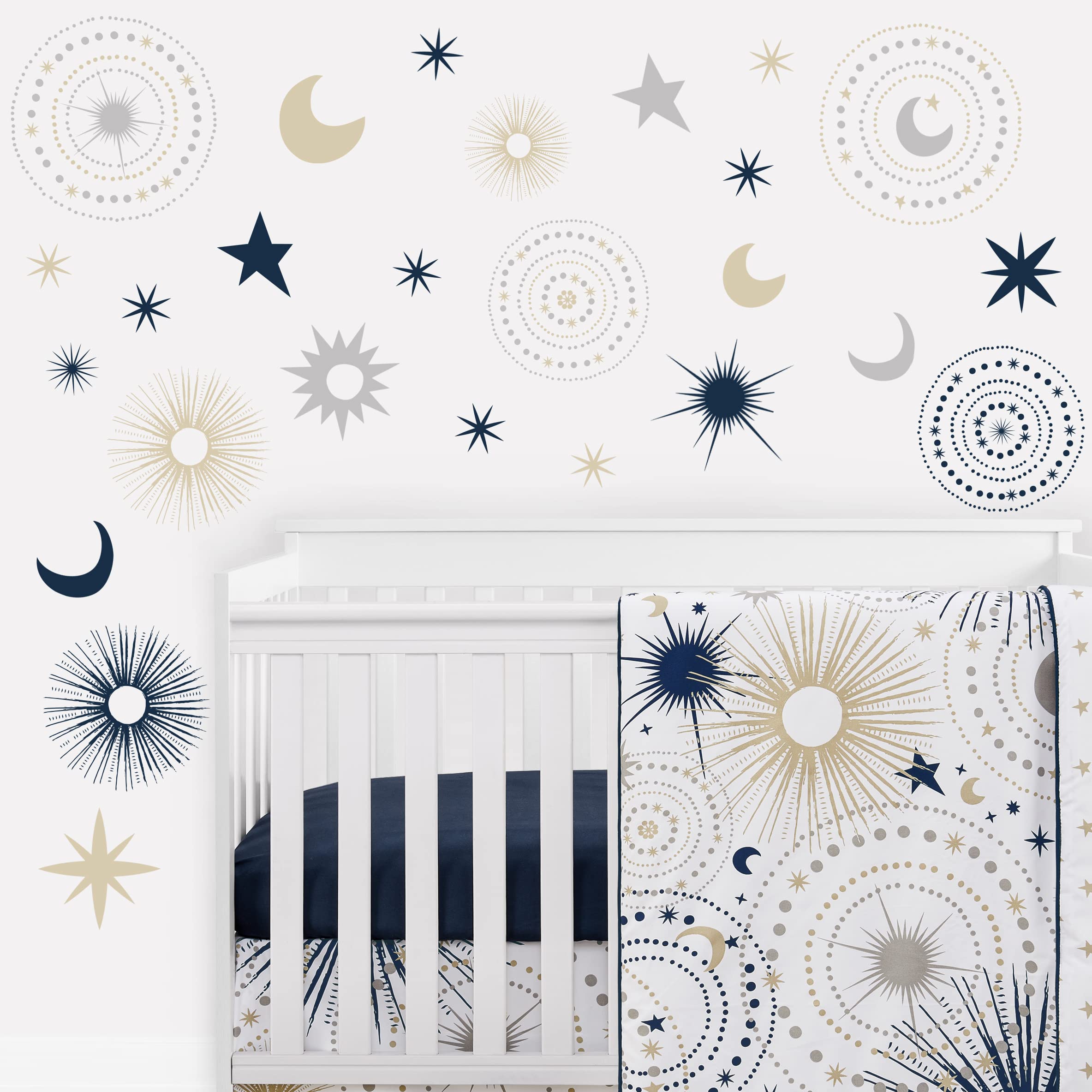 Sweet Jojo Designs Star and Moon Large Peel and Stick Wall Decal Stickers Art Nursery Decor - Set of 4 Sheets - Navy Blue, Gold, and Grey Celestial Sky Stars Gender Neutral Unisex