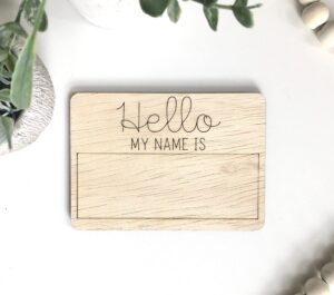 hello my name is baby announcement, hospital sign, birth stats, wood boho nursery round