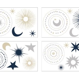 Sweet Jojo Designs Star and Moon Large Peel and Stick Wall Decal Stickers Art Nursery Decor - Set of 4 Sheets - Navy Blue, Gold, and Grey Celestial Sky Stars Gender Neutral Unisex