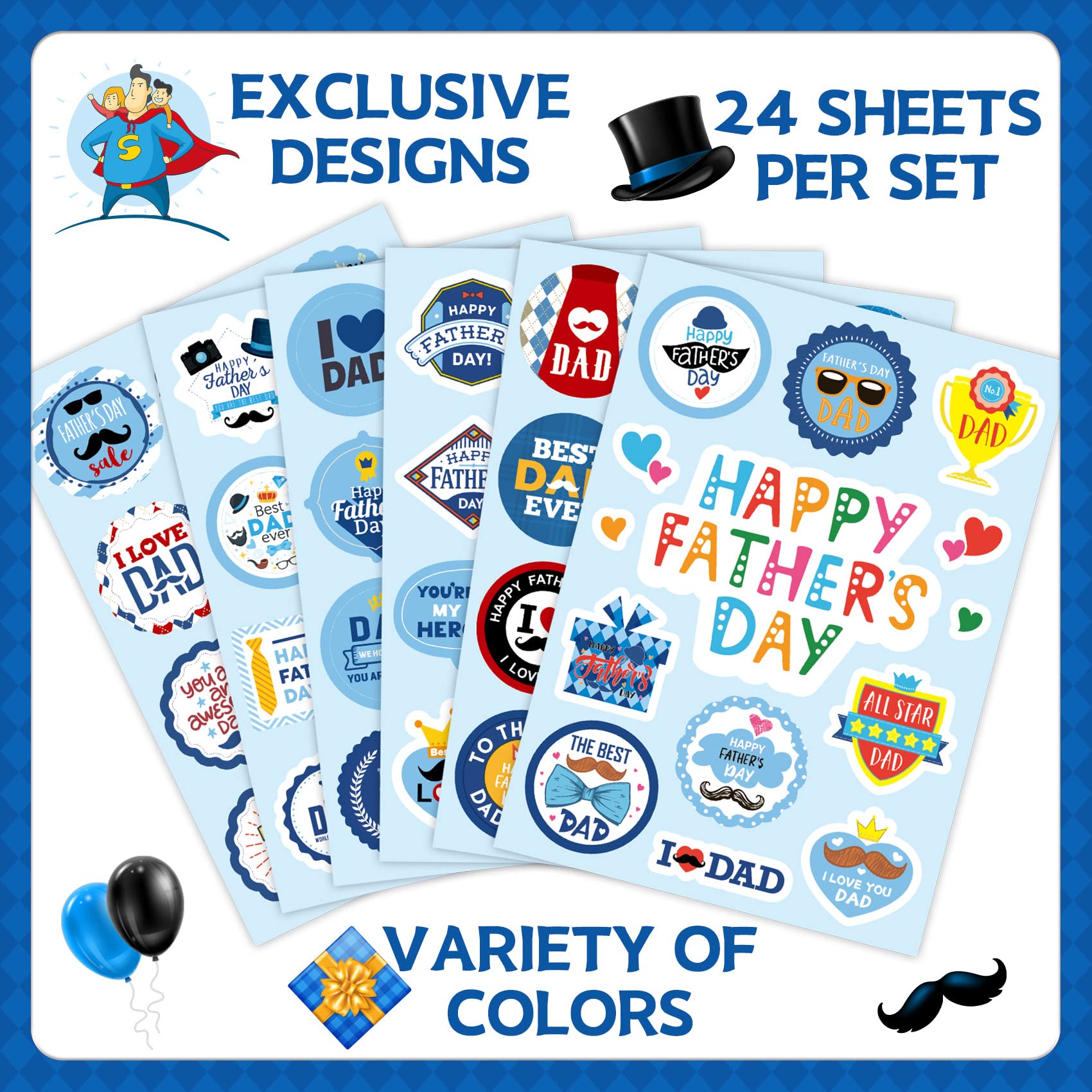 Joy Bang 296 Pcs Fathers Day Stickers for Kids, Best Dad Stickers Crafts, Feliz Dia de las Padres Stickers, Fathers Birthday Party Supplies Favors