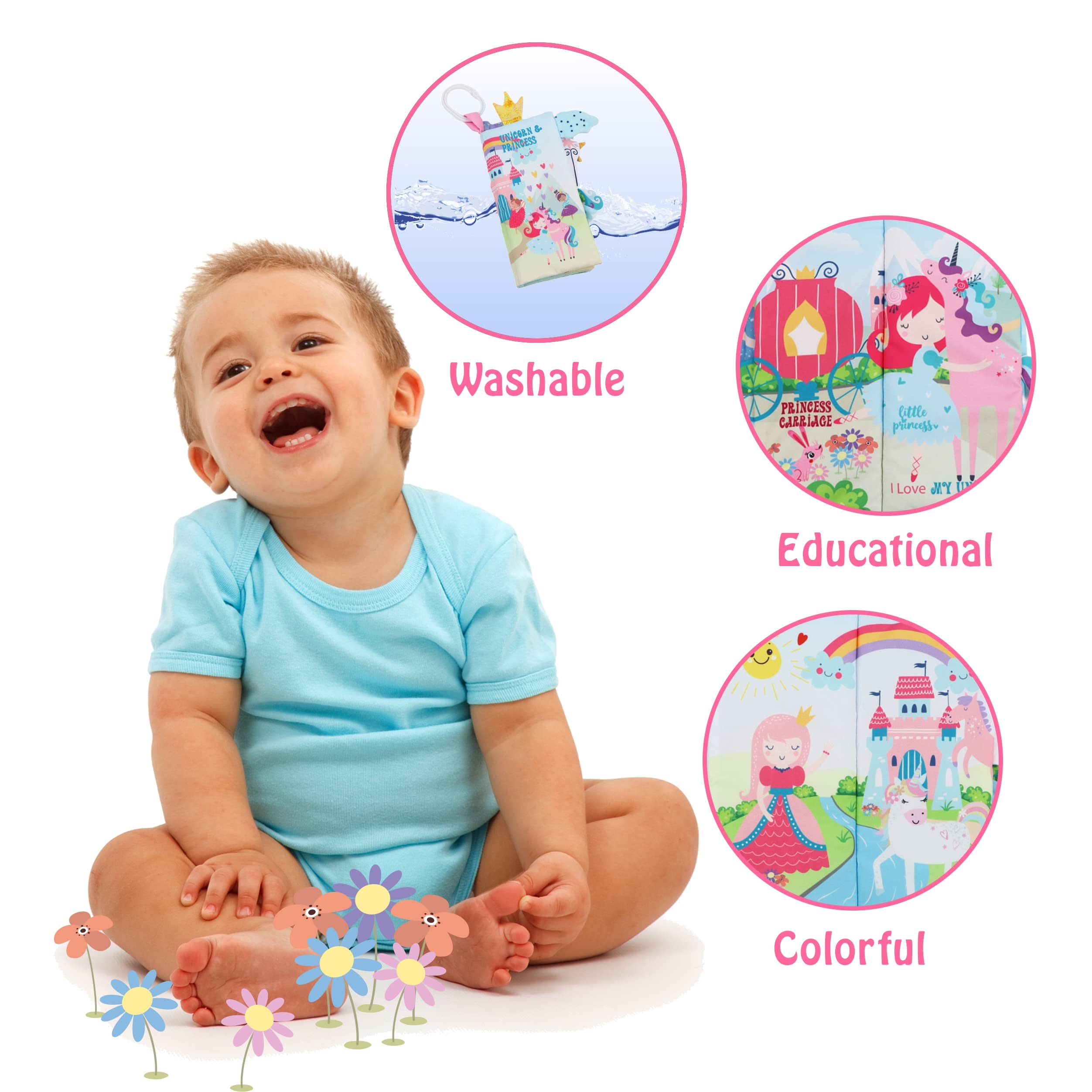 Unicorn Baby Books 0-6 Months 6 to 12 Months, Touch Feel Cloth Crinkle Books for Babies,Infants, Soft Sensory Stroller Toys Baby Gifts Shower Items, Chweing Book, Christmas Stocking Stuffers-princess