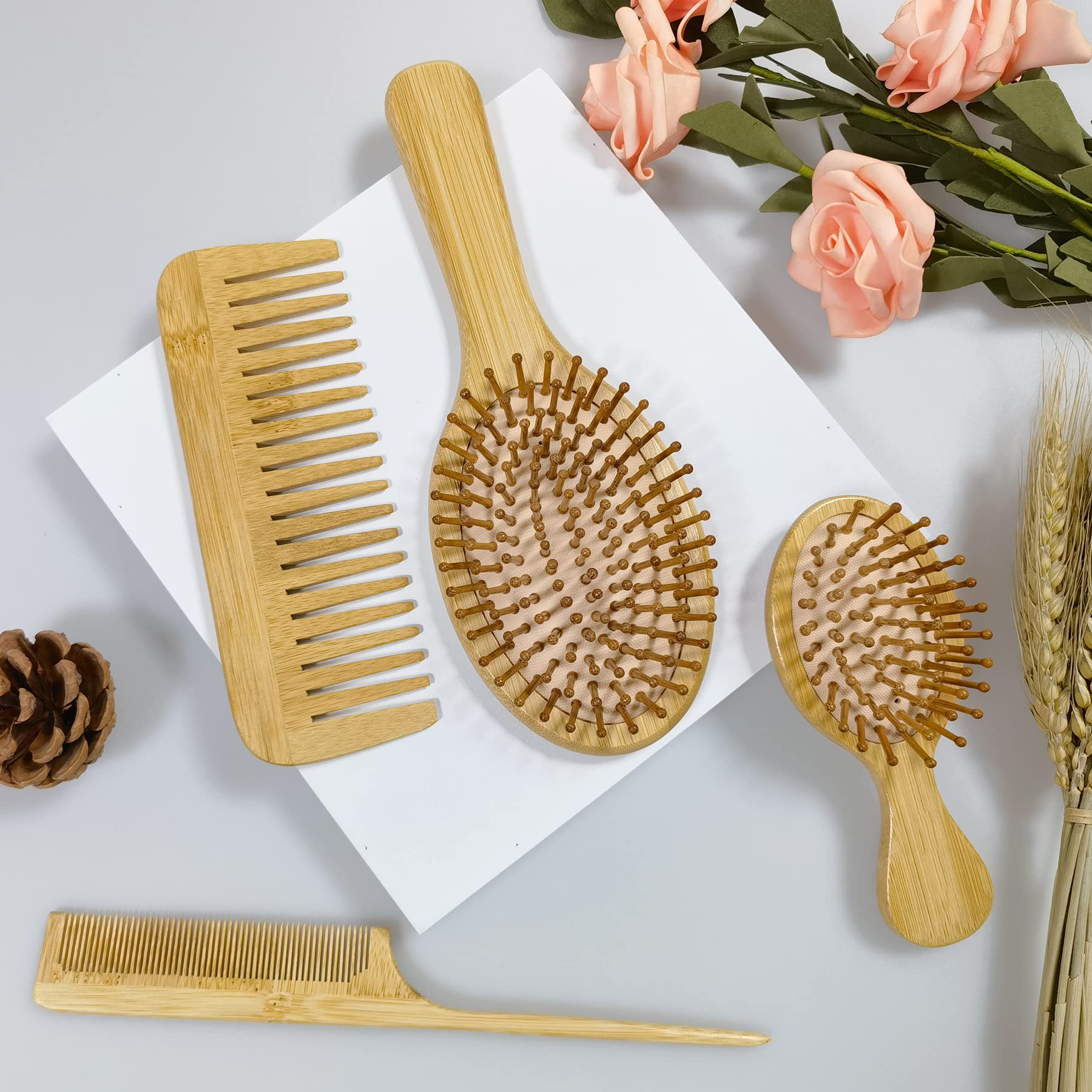 MoyRetty Bamboo Hair Brush Comb Set - Natural Wooden Hairbrush Paddle Detangling for Thick Thin Curly Straight Wavy Dry Fine Hair, Men Women and Kids, Static-Free(4 Pcs) Yellow