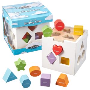 smart shapes bilingual sorting cube - activity cube toys for toddler learning in english and spanish - colorful blocks in wooden shape sorter box - educational puzzle for kids ages 12 months and up