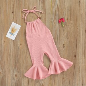 YOKJZJD Infant Toddler Baby Girl Ribbed Romper Sleeveless Jumpsuit Overalls Bell Bottom Pants Leggings Summer Outfits (A-Pink, 12-18 Months)