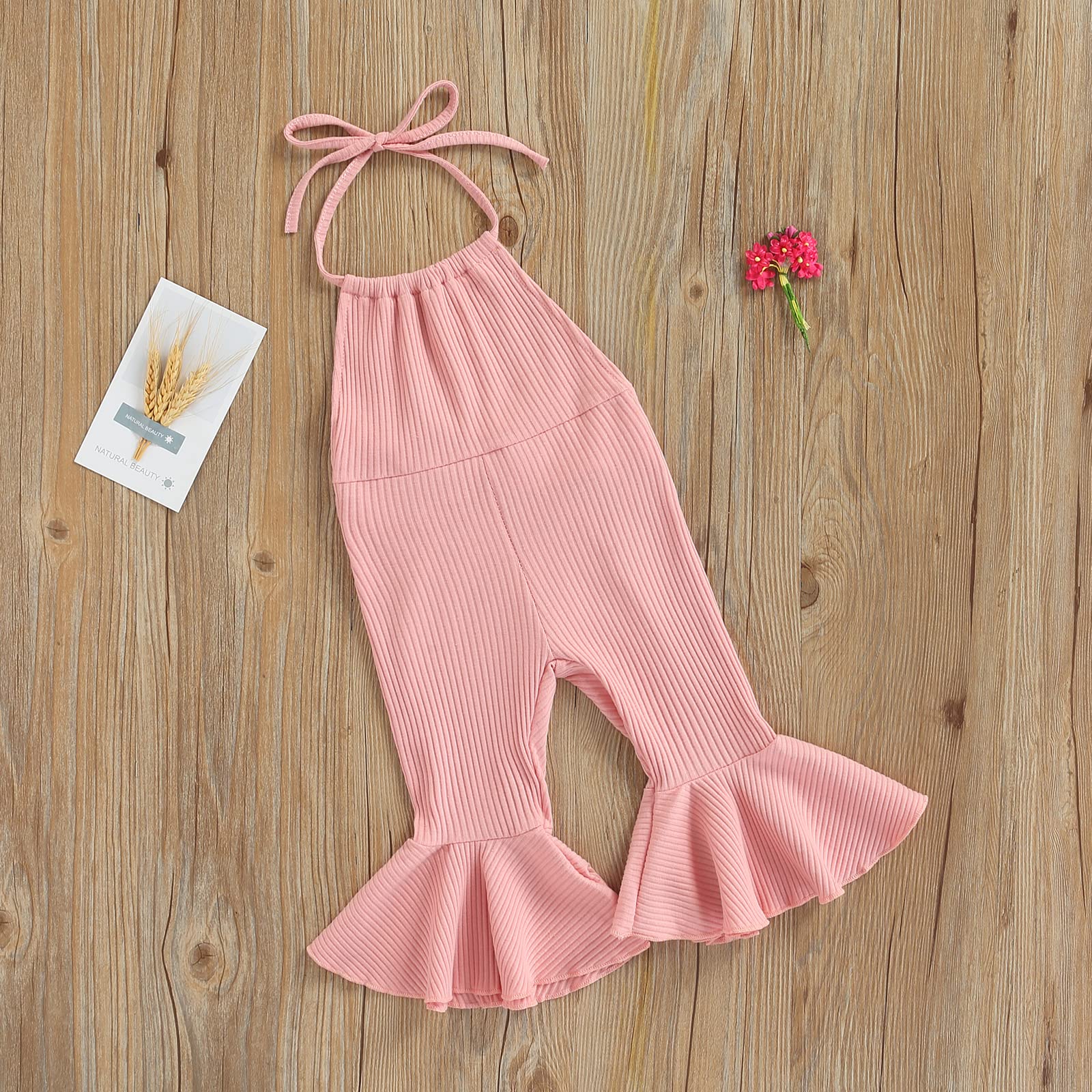 YOKJZJD Infant Toddler Baby Girl Ribbed Romper Sleeveless Jumpsuit Overalls Bell Bottom Pants Leggings Summer Outfits (A-Pink, 12-18 Months)