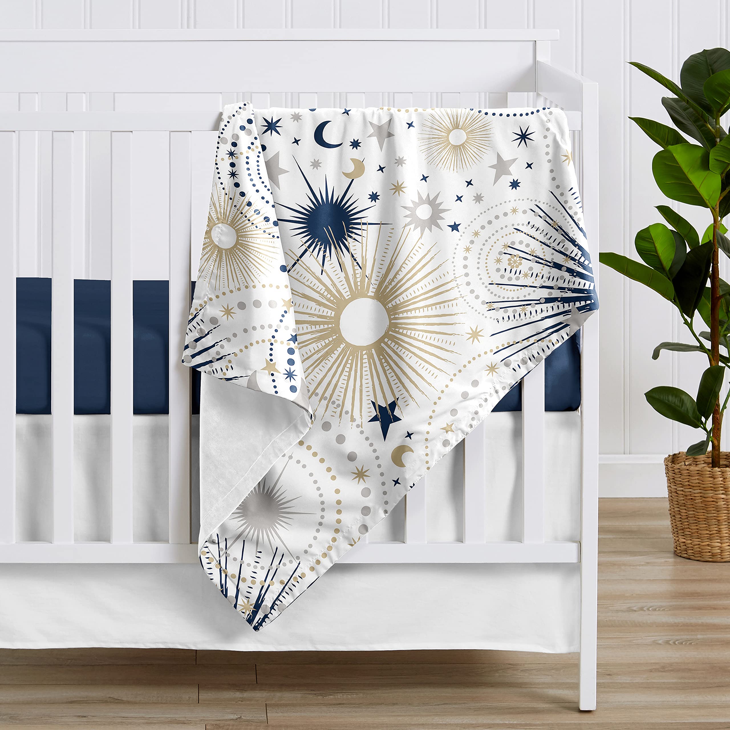 Sweet Jojo Designs Star and Moon Boy Girl Blanket Receiving Security Swaddle for Newborn or Toddler Nursery Car Seat Stroller Soft Minky - Navy Blue Gold Grey Celestial Sky Stars Gender Neutral Unisex