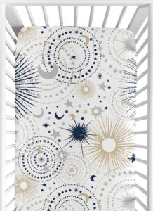 sweet jojo designs star and moon boy or girl fitted crib sheet baby or toddler bed nursery - navy blue, gold, and grey celestial sky stars gender neutral unisex