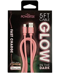 liquipel powertek glow mfi certified charger compatible for apple iphone, ipad, 5ft cable, lightning to usb cable cord, fast charging lightning cable (pink)